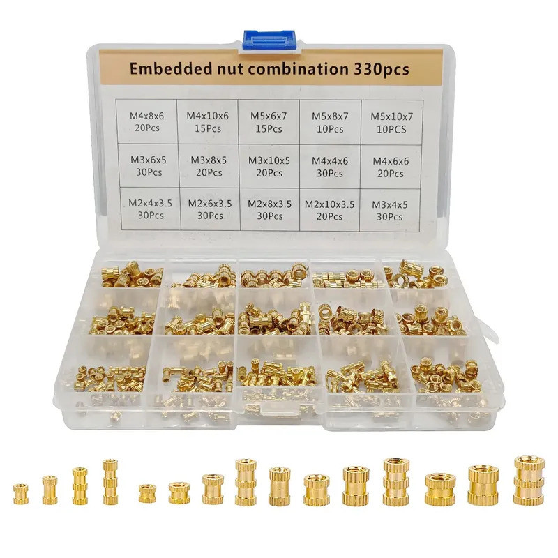 330PCS Brass Threaded Insert Nuts M2 M3 M4 M5 Female Knurled Heat Set ...