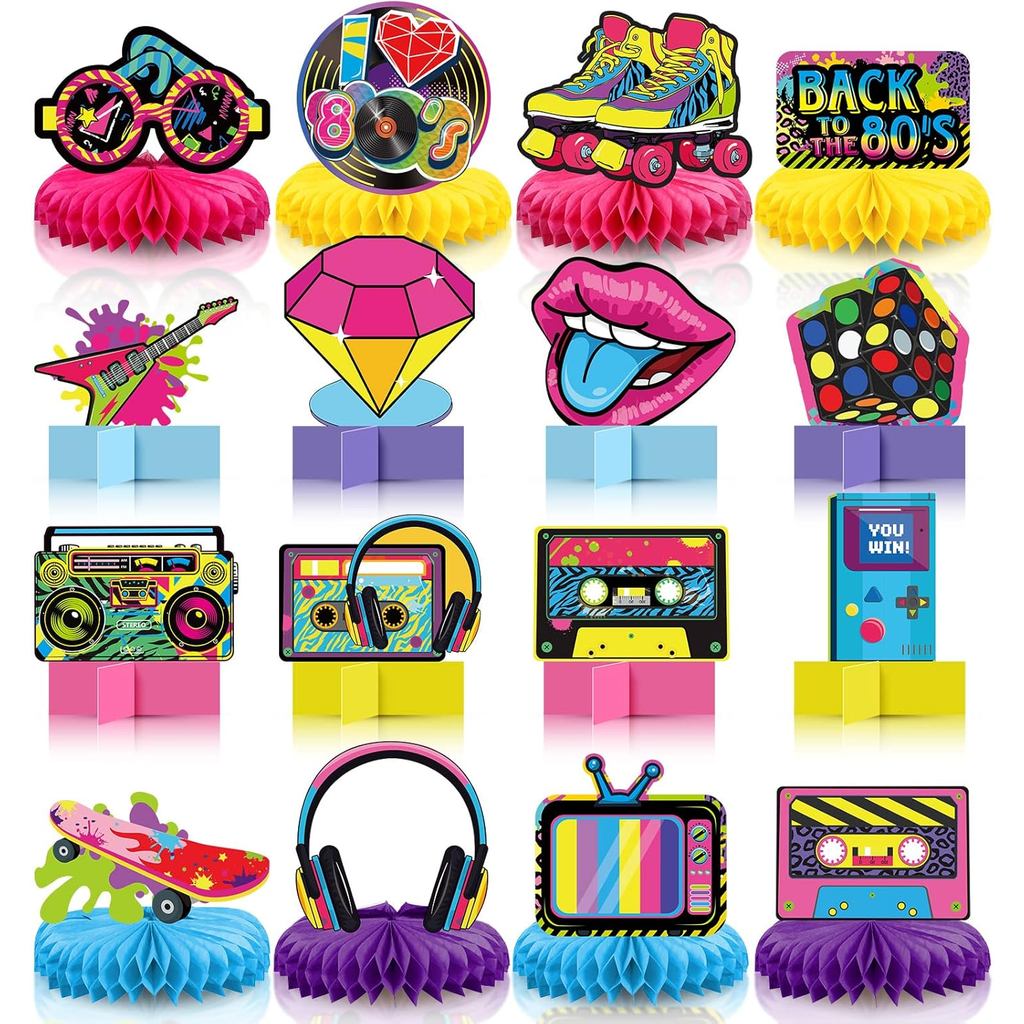 Pasimy 16 Pcs 80s Party Decorations 1980s Honeycomb Centerpieces 3D Hip ...