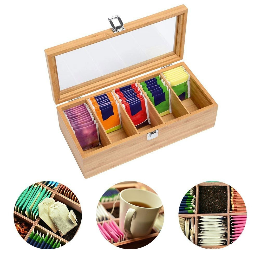Yssh Bamboo Storage Box Tea Bag Organizer 5 Compartments Tea Box