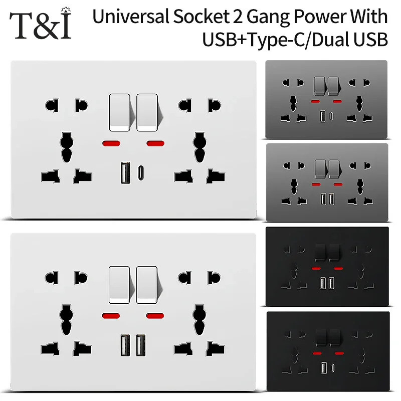 Universal Wall Socket With Usb-c And Usb Charger, 2 Gang Power Outlet ...