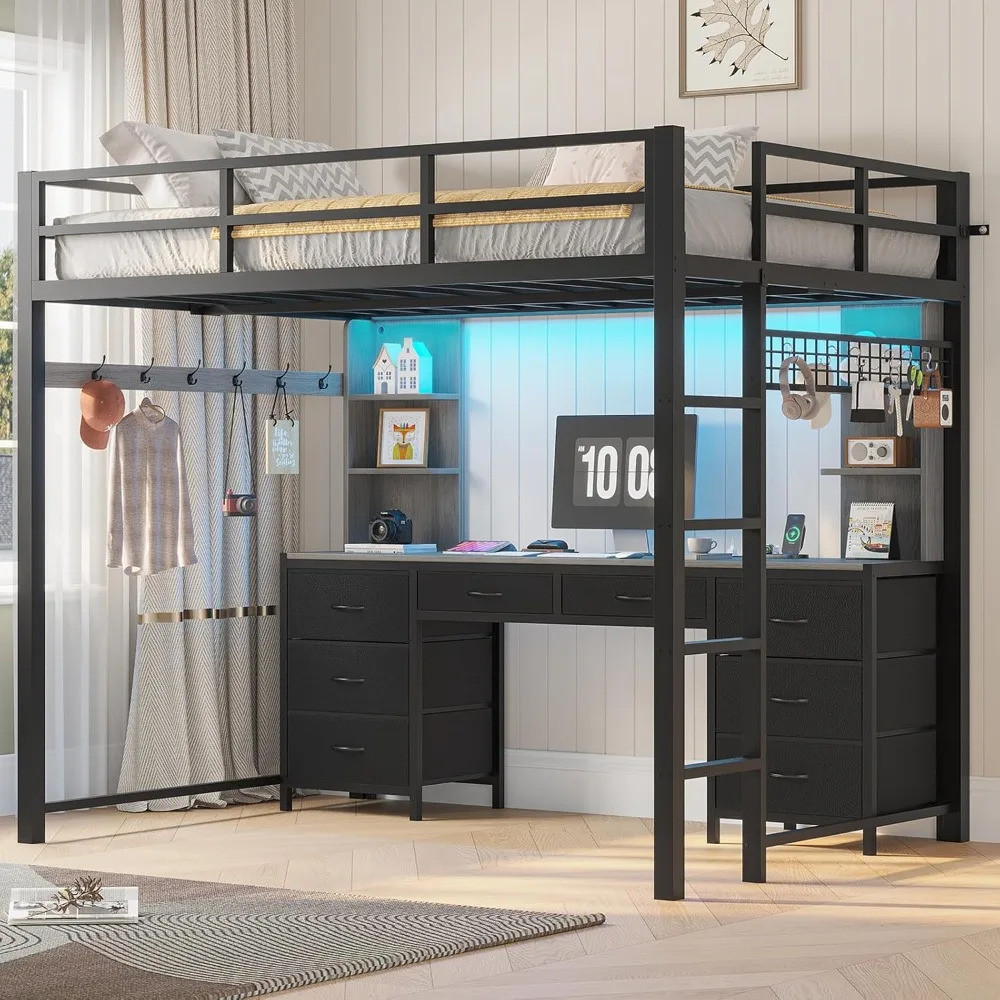 Full Size Loft Bed With Desk And 8 Storage Drawers, Metal Loft Beds ...
