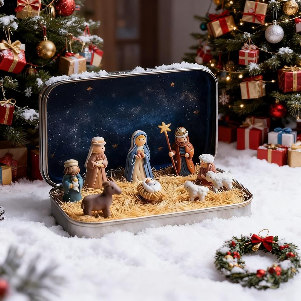 Mini Christmas Nativity Set in a Tin Box, Pocket Nativity Scene ...