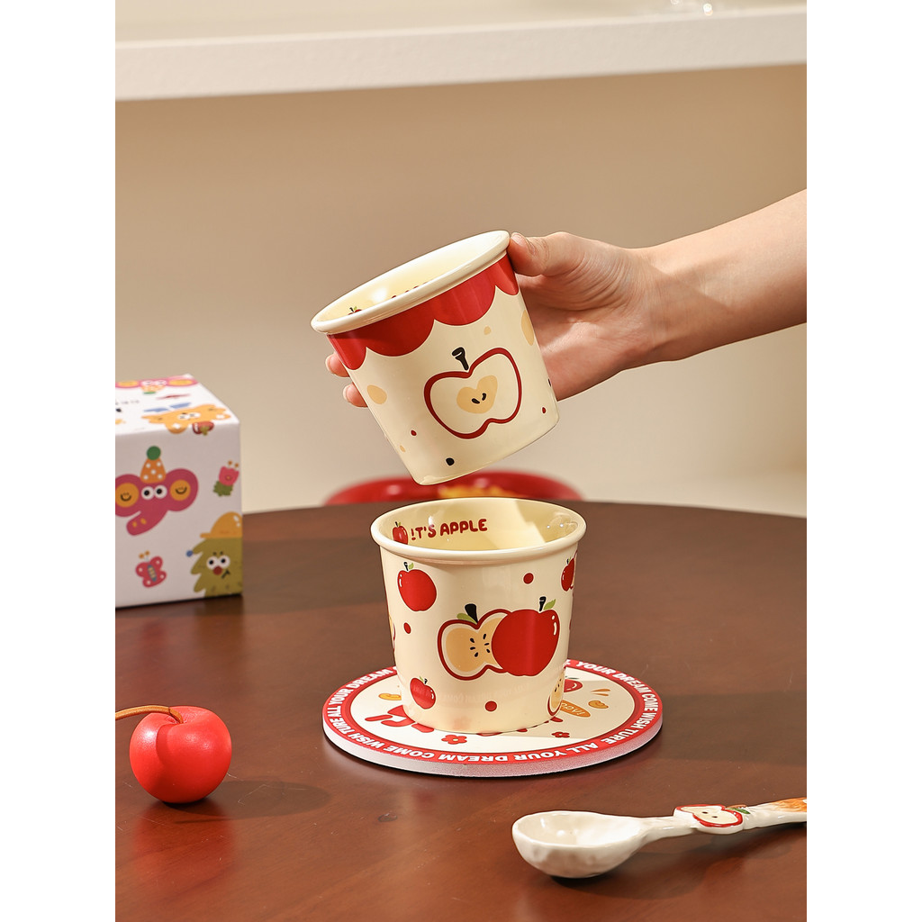 glass cup mug Cute Apple Holding Coffee Cup Ceramic Mug Girl High-value ...