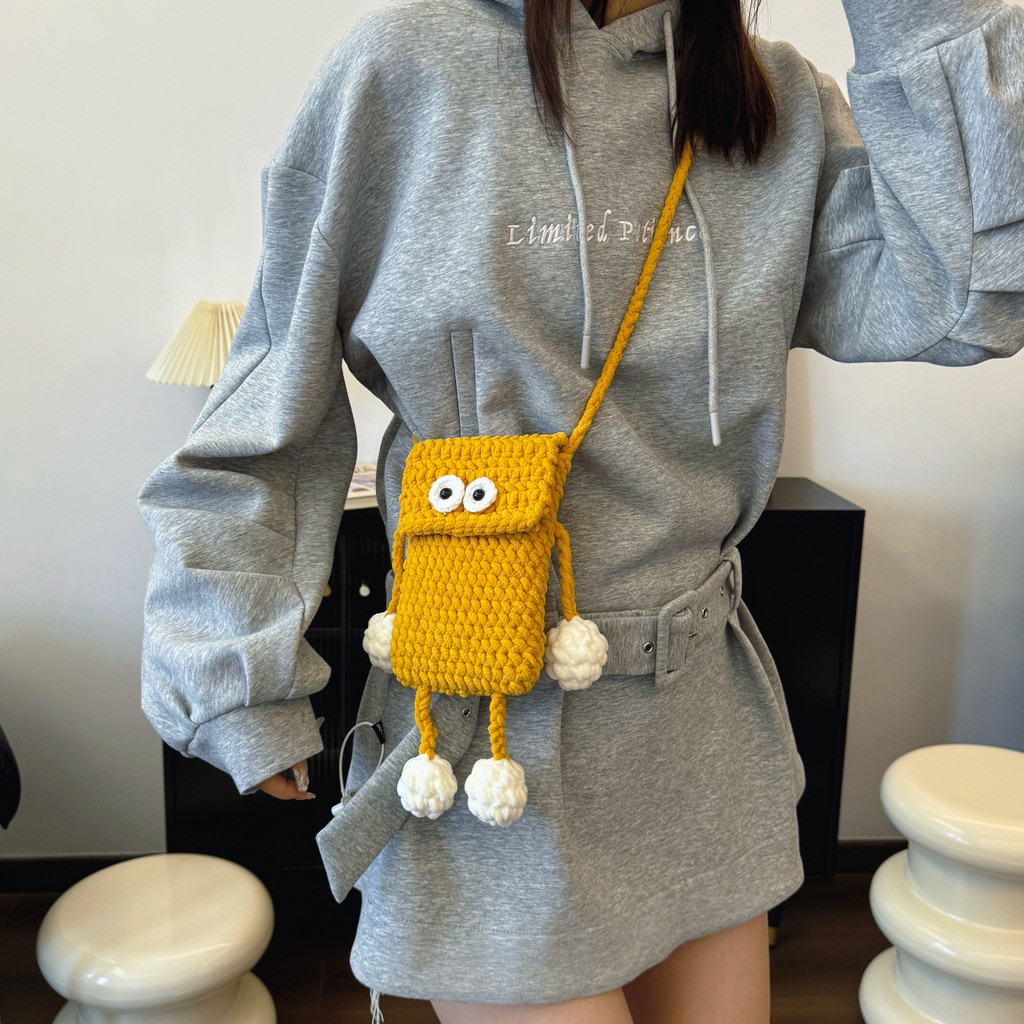 Autumn Small Messenger Bag - Blue Knitted Cartoon Doll Design with ...