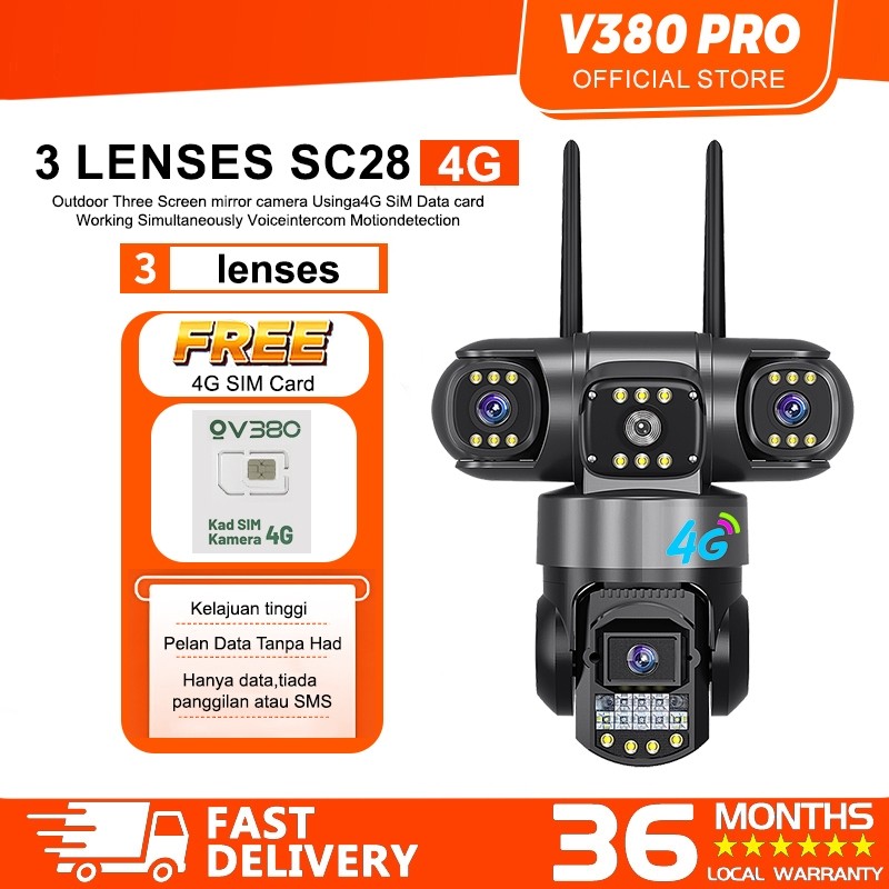 V380 PRO CCTV Outdoor 12MP SC28 Three Lens 360 4G Sim Card Wireless ...