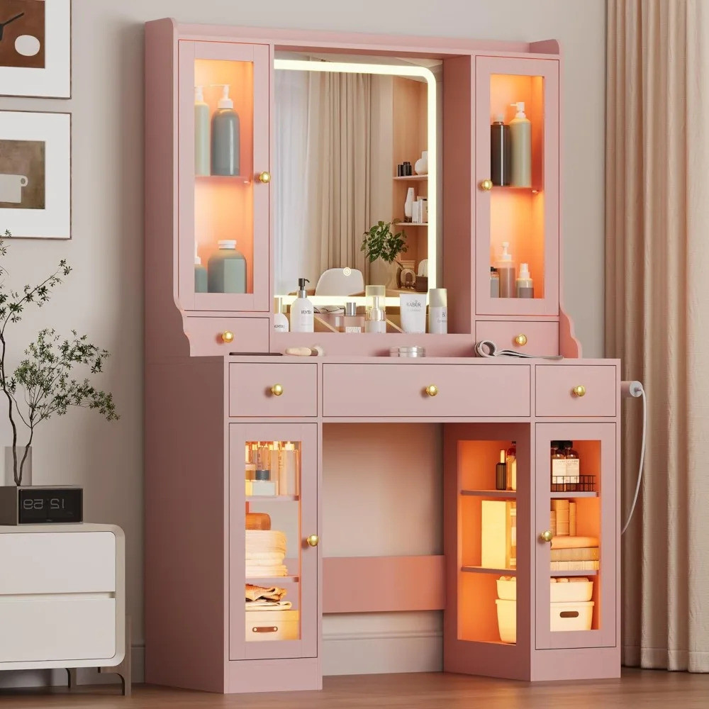 Vanity Desk With Mirror And Lights, Pink Makeup Vanity Table With 3 ...