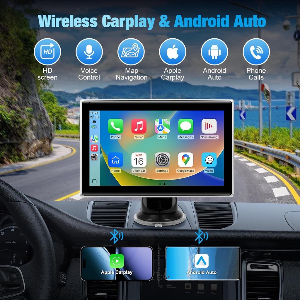 7" Portable Wireless CarPlay Screen for Car – Apple CarPlay & Android ...