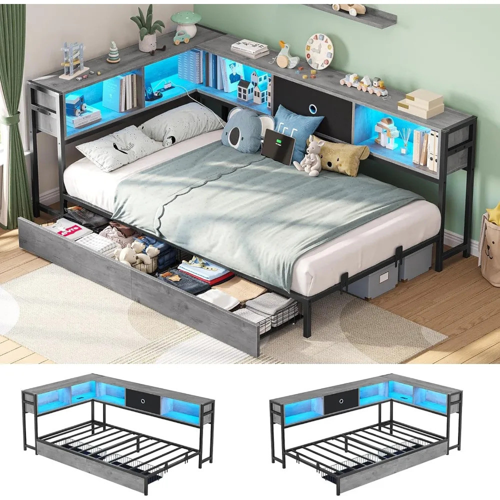 Hasuit Twin Corner Bed Frame With Storage Bookcase Twin Daybed With