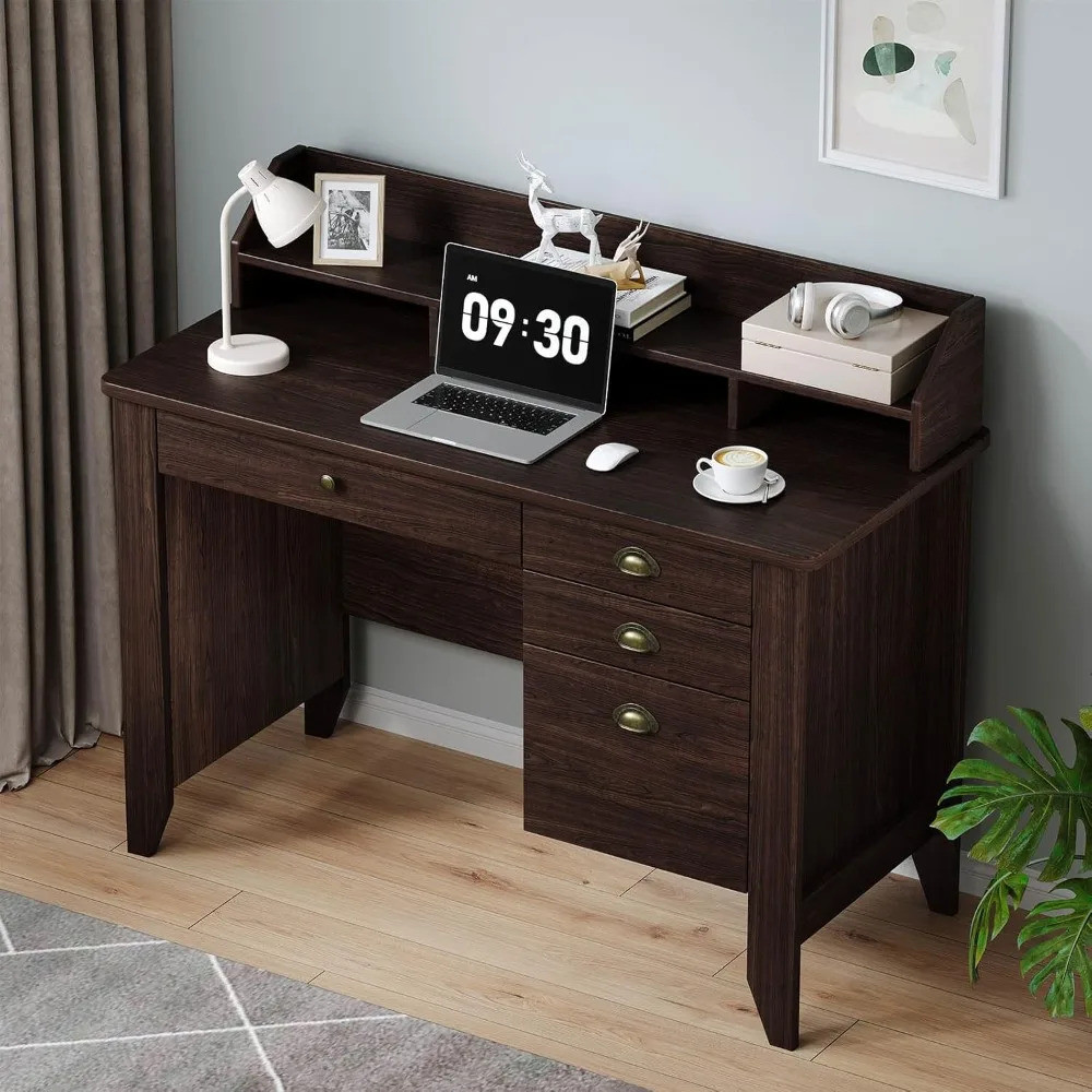 Small Desk With Drawers, Wood Desk With Monitor Stand, Computer Desks ...
