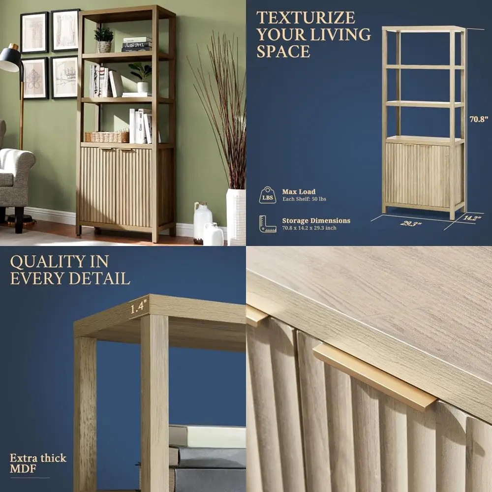 5-tier Wooden Bookshelf With Doors, Large Fluted Panel Bookcases For ...