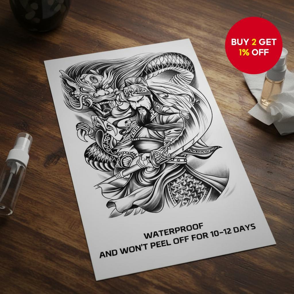 Semi-Permanent Ink Realistic Full Back War Dragon Guan Yu Temporary ...