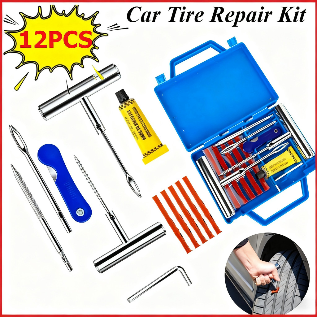 ⚡SG Delivery⚡12PCS Car Tire Repair Tool Kit with Rubber Strips Glue ...