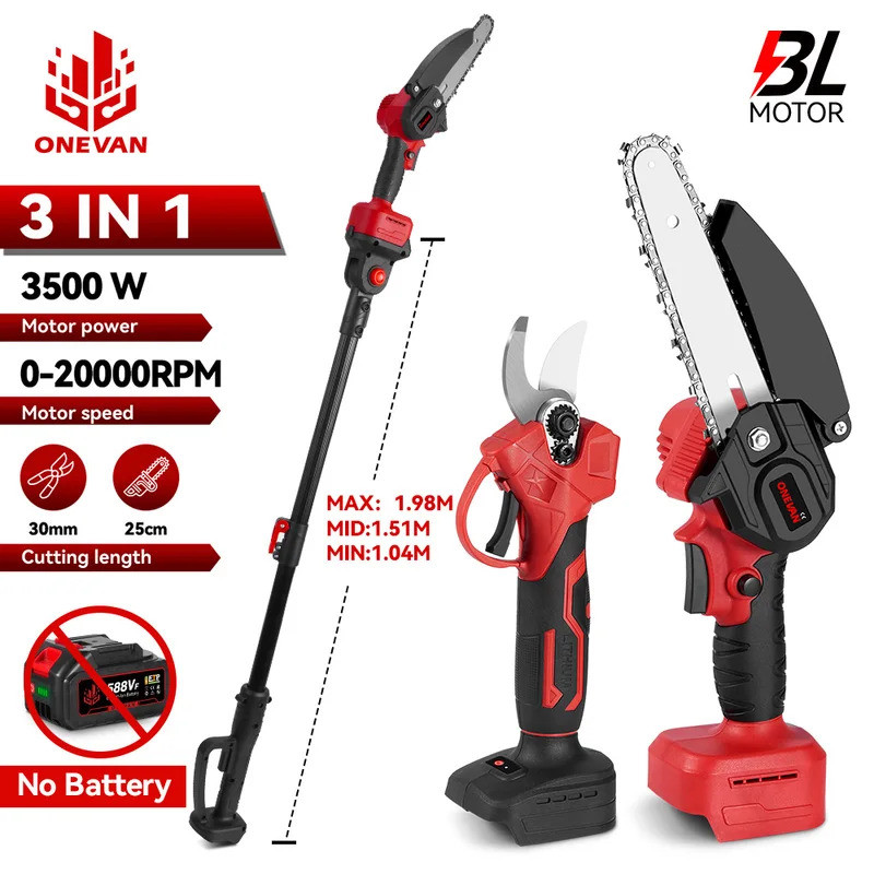 ONEVAN 3500W 3-in-1 Brushless Electric High Pruning Chainsaw & Cordless ...