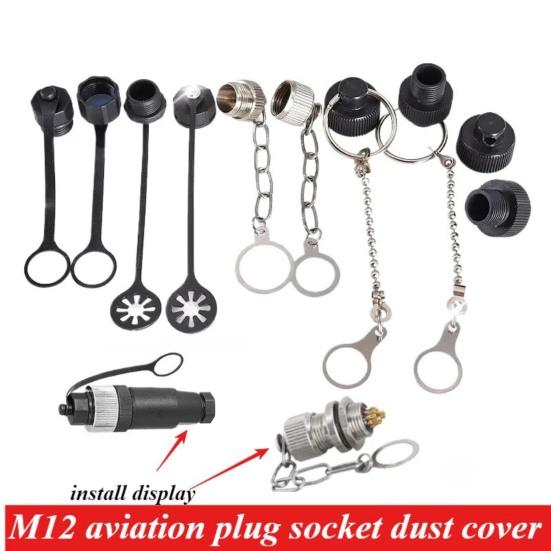 M12 Aviation Plug Socket Dust Cover with Chain Plastic Rubber Metal ...