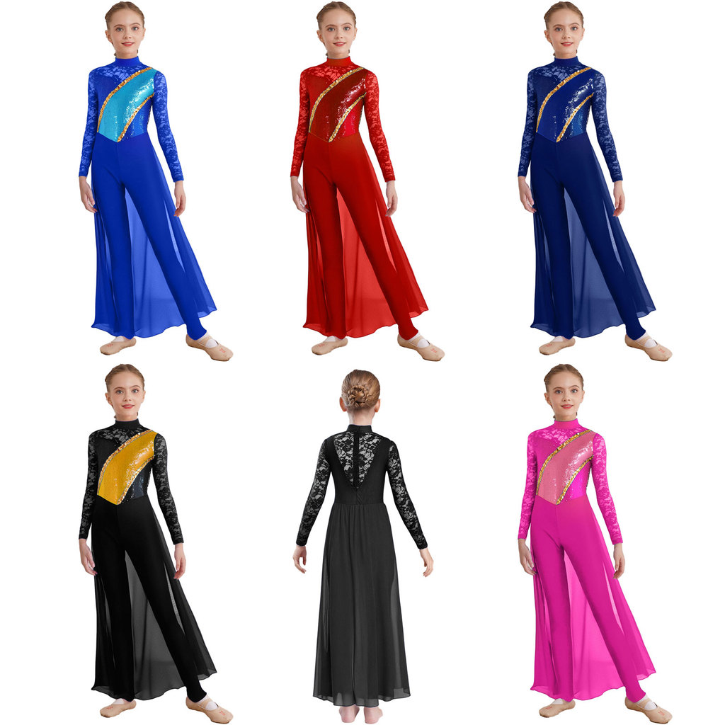 Ocealan Kids Girls Gymnastics Figure Skating Jumpsuit Sheer Floral Lace ...