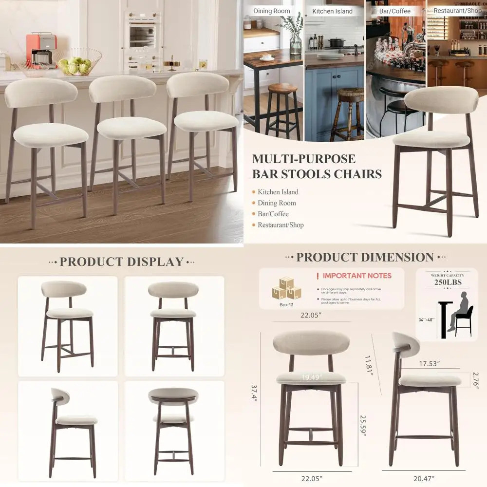 Counter Height Bar Stools Set Of 3, Kitchen Bar Stools With Back, Mid ...