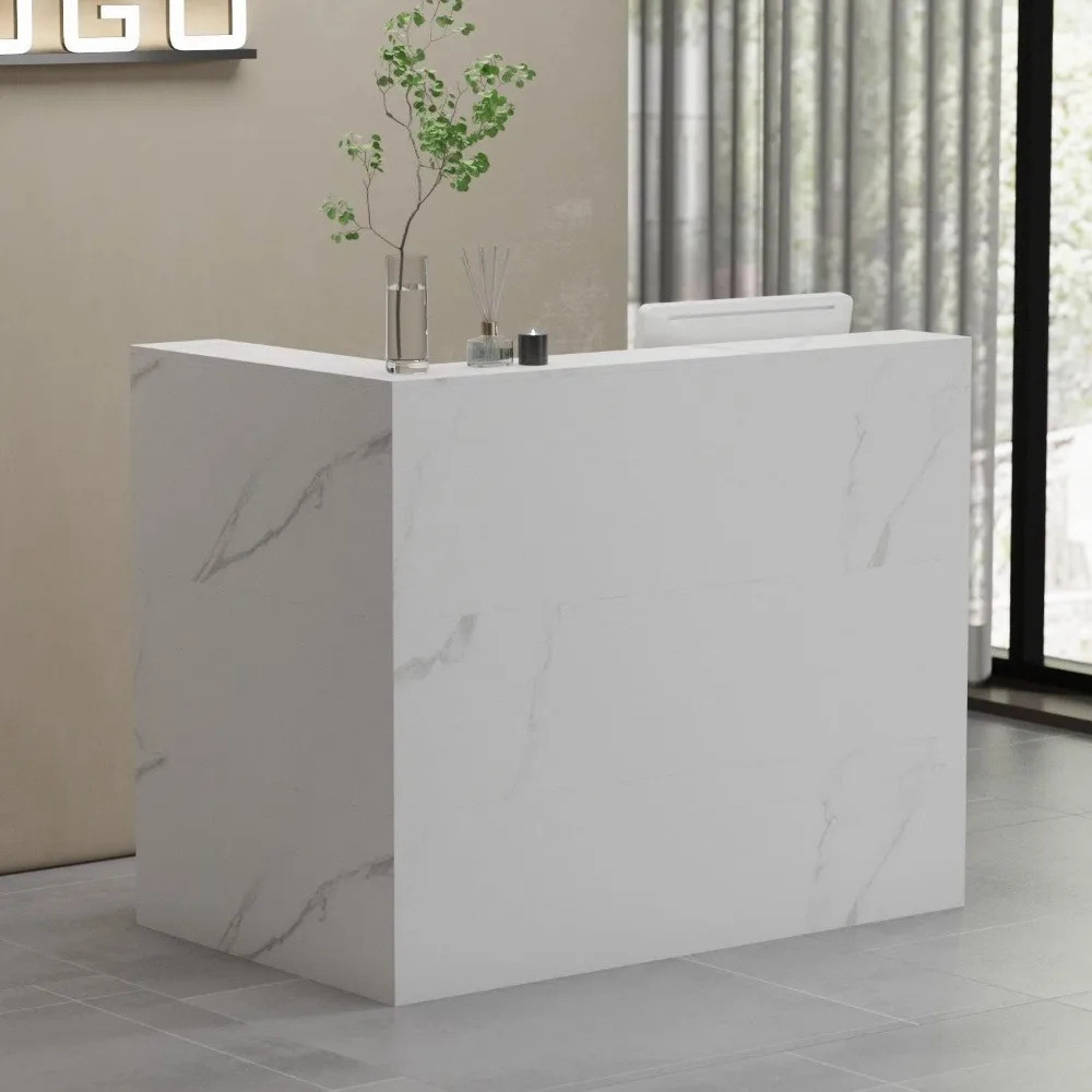 Reception Desk L-shaped Counter With Drawers Marble Texture White ...