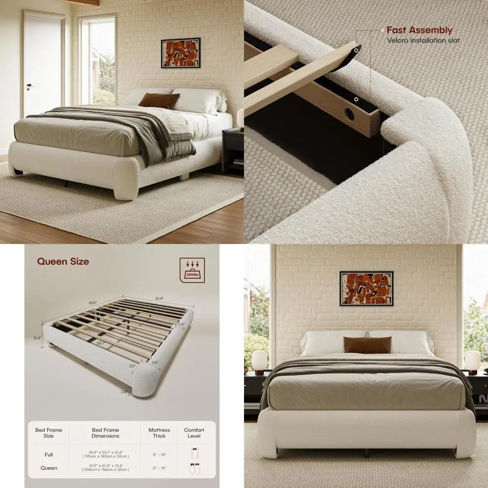 Queen Size Cloud Platform Bed Frame, Soft Boucle With Round Corners ...