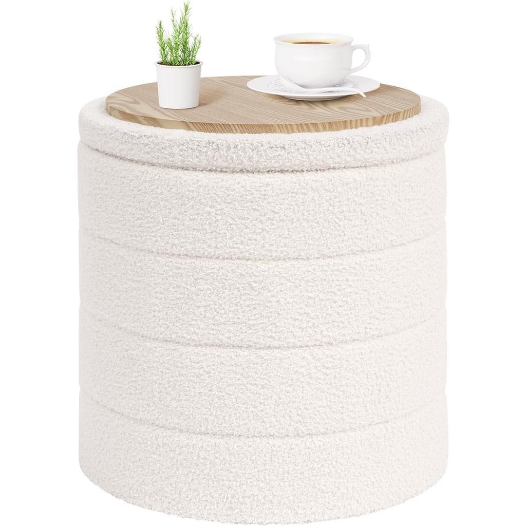 PINPLUS Round Storage Ottoman Foot Rest Stool with Tray Velvet Sherpa ...