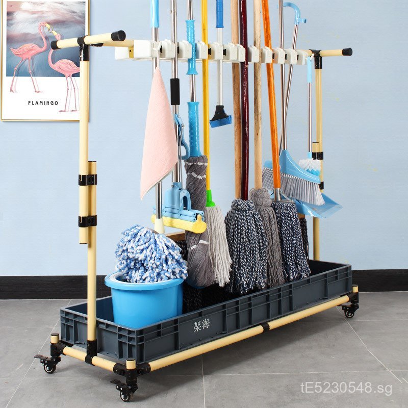 Mop Rack with Movable Storage, Metal Hanging Rack, Mop Holder, Mop ...