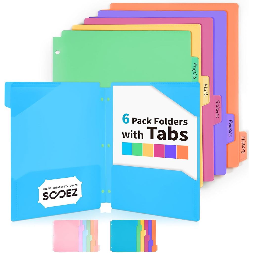 Sooez Plastic Folders with Pockets and Tabs, 6 Pack Pocket Folders with ...