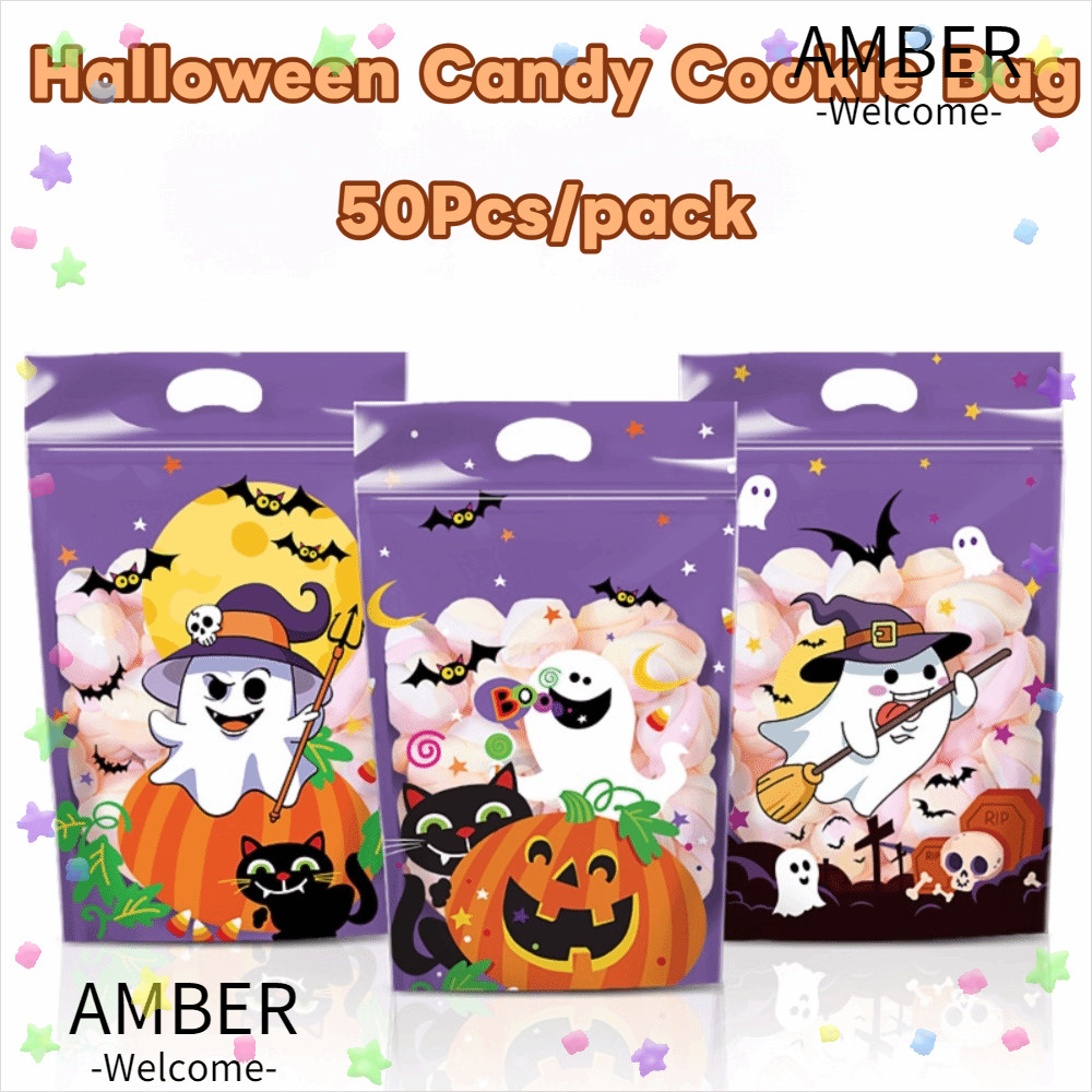AMBER 50Pcs Halloween Cookie Bag, Zipper Closure Cartoon Halloween Candy Bag, Pumpkin Ghost ...