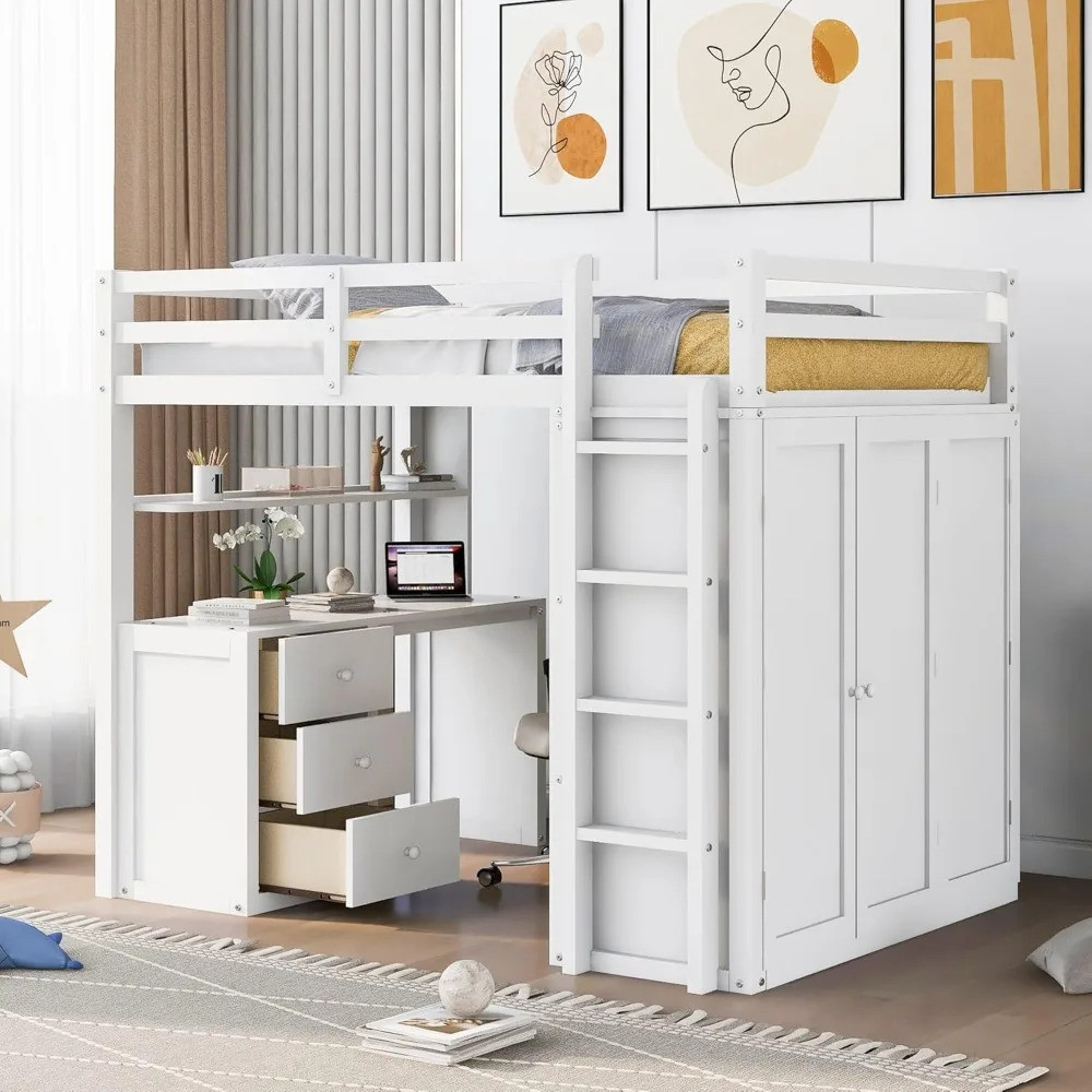Harper & Bright Designs Full Loft Bed With Desk And Wardrobe,solid Wood ...