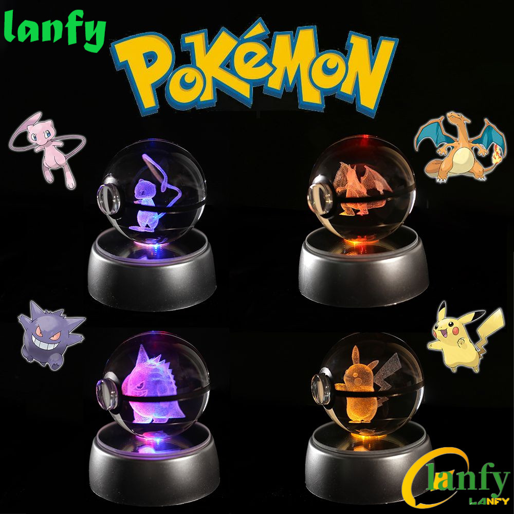 LANFY 3D Crystal Ball, Gengar Mew Lamp Base Pikachu Glass Ball ...