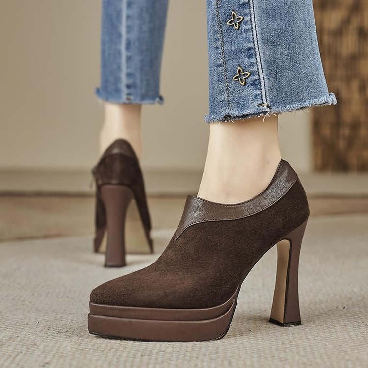 Women's High Heels Pointed Toe Deep Mouth Side Zipper Suede Elegant ...