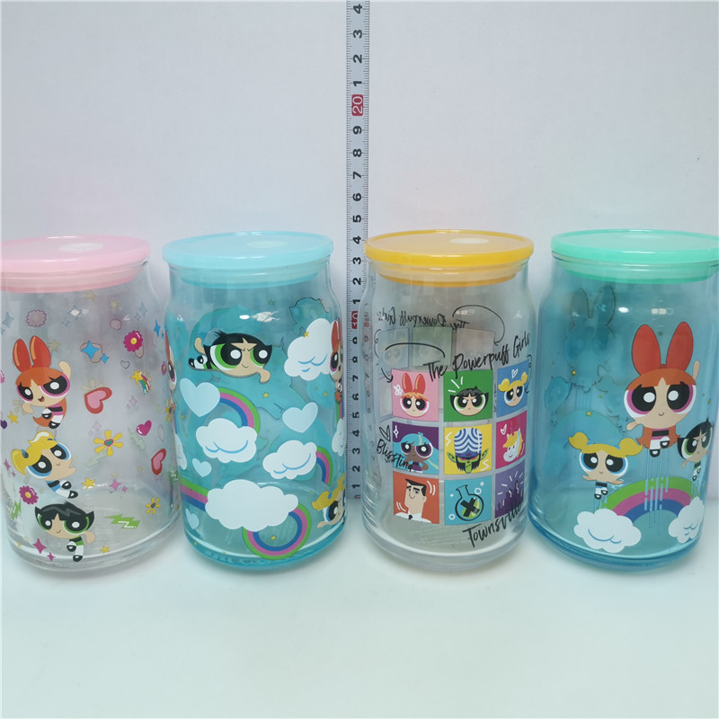 Powerpuff Girls Cartoon Glass Heat-Resistant Water Cup with Lid Flower ...