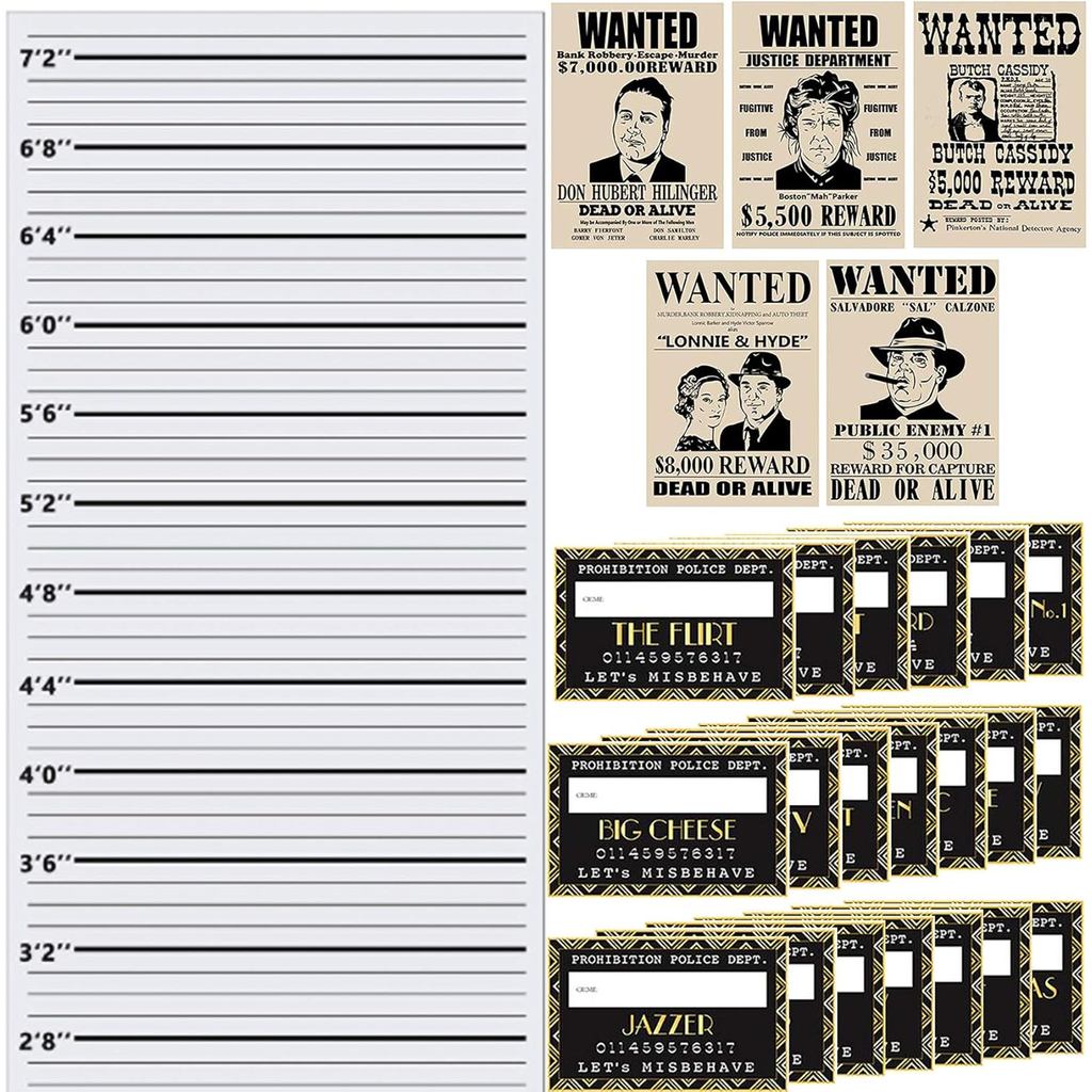 Roaring 20s Mug Shot Photo Booth Props, Height Chart Backdrop, Wanted ...