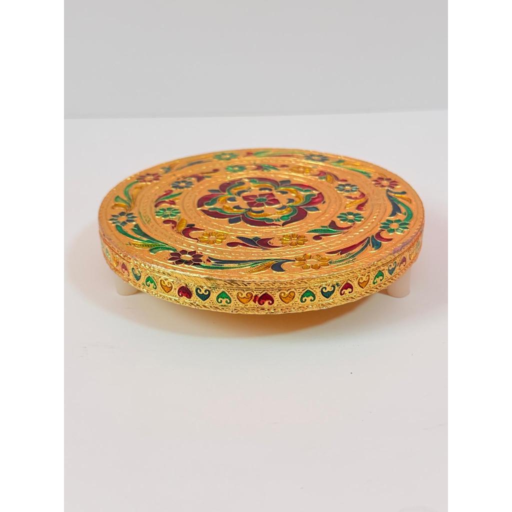 WOODEN GOLDEN MUKALI STOOL PEETA CHOWKI BAJOT WITH MEENAKARI DESIGN ...