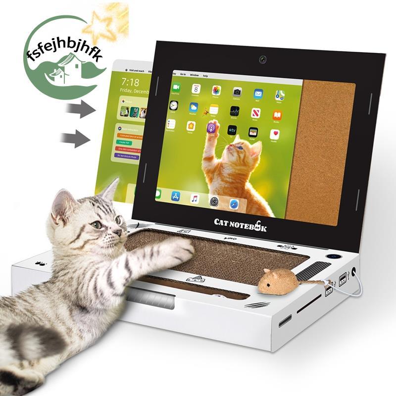 Cardboard Scratching Laptop for Cats with Toy Plush Mouse & Bell Ball ...