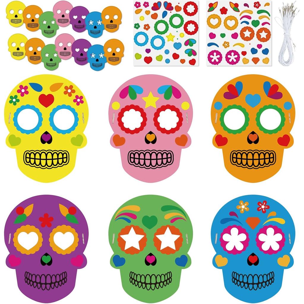 chiazllta 24 Pcs Sugar Skull Masks Craft for Kindergarten Kids, Day of ...