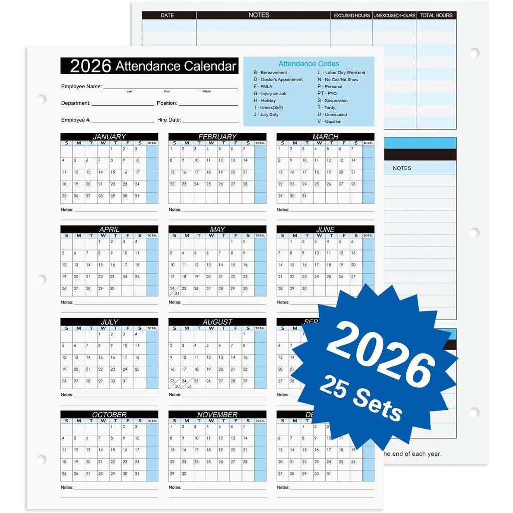 2026 Attendance Calendar Work Tracker Attendance Calendar Cards - 8.5 X ...