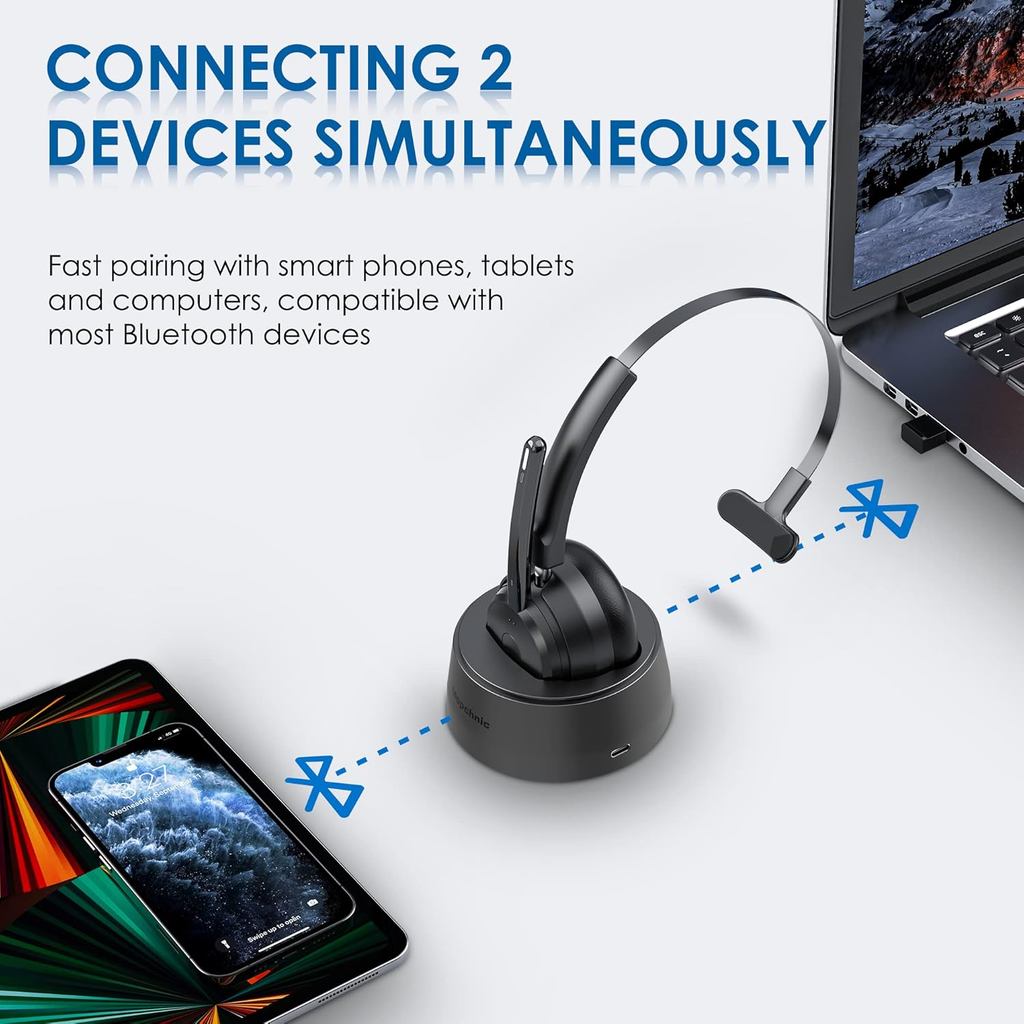Bluetooth Headset, Wireless Headphone with Microphone, On Ear Bluetooth ...