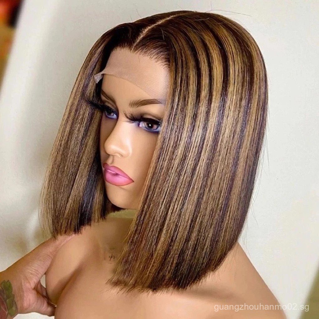African Wig for Women, Black Short Straight Hair, Middle Part bobo ...