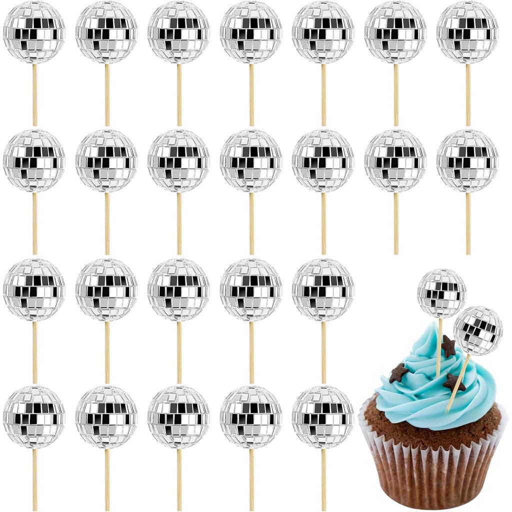 24 PCS Disco Ball Cupcake Toppers, Small Disco Ball Cake Picks 1970s ...
