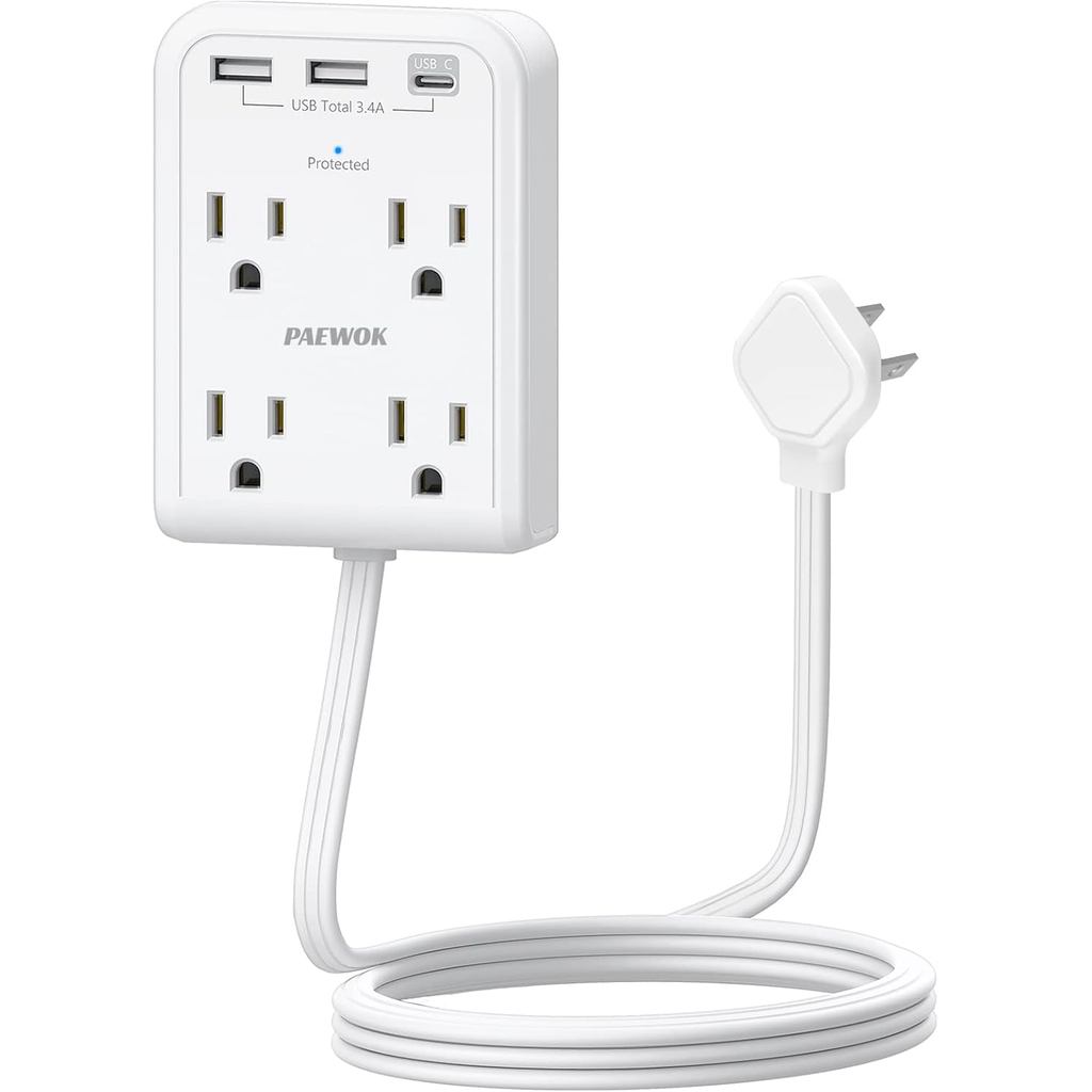 Flat Multi Plug Extender with 3 USB Wall Charger(1 Type C), 4 Outlet ...