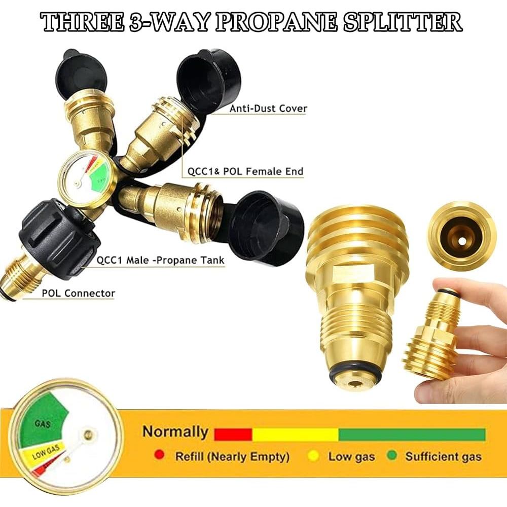 3 Way Propane Tank Splitter QCC/POL with Regulator Gauge and Shut-Off ...