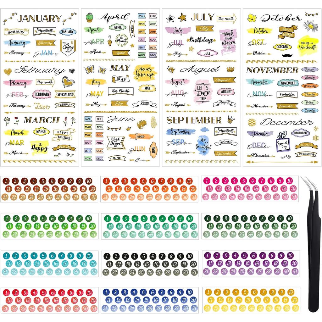 Eersida 16 Sheets Calendar Date Number Stickers for Planners, 4 Happy ...