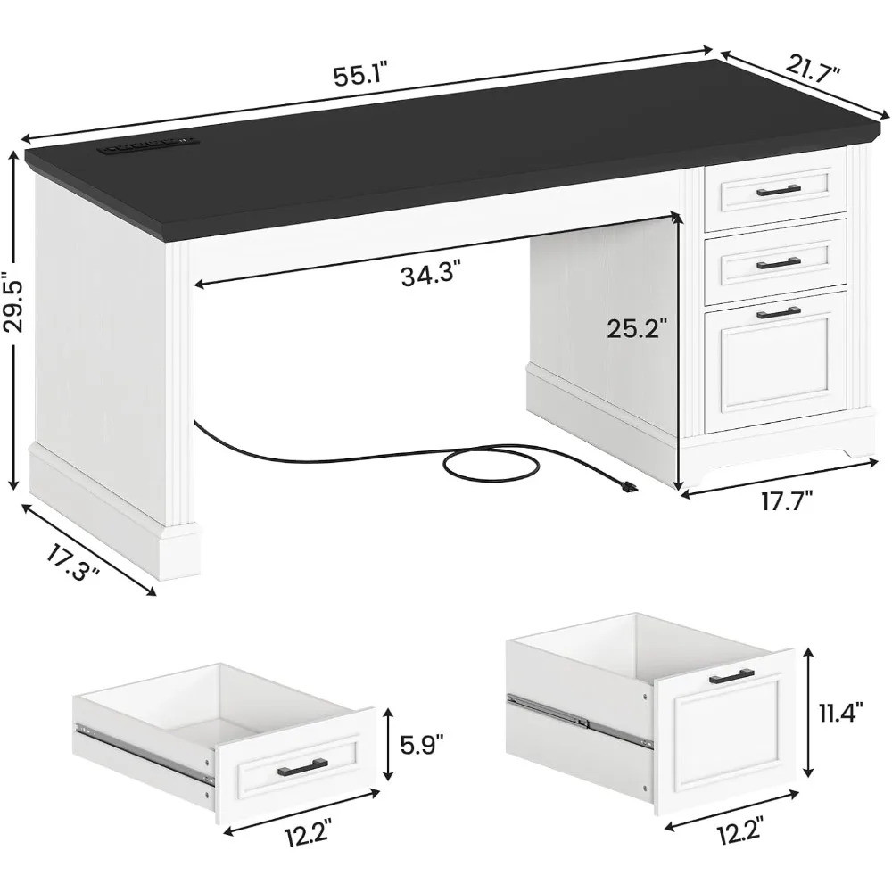 Office Desk With 3 Drawers, 55 Executive Computer Desk With Storage ...