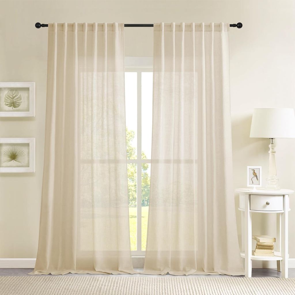 Novecozy Natural Linen Sandy Beige Semi Sheer Curtains 84 Inch Long 2 ...