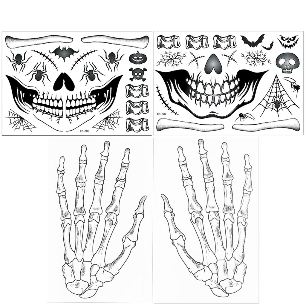 Skull Halloween Tattoos Temporary Skeleton Face Tattoos Hands Skeleton ...