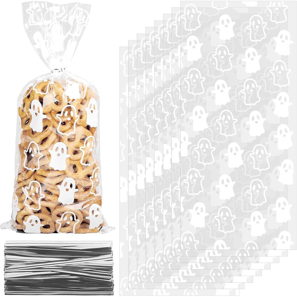 Whaline 100Pcs Halloween Ghost Cellophane Treat Bags with Twist Ties ...