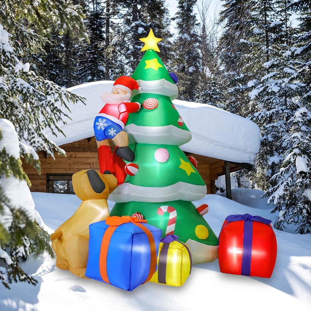 7FT Christmas Inflatable Tree Giant with Dog Bite Santa Claus 3 Wrapped ...