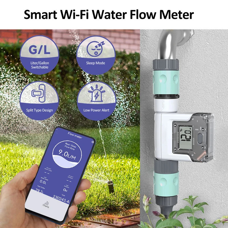 Wi-Fi Water Flow Meter for Garden Hose Smart Water Meter with 4 Flow ...