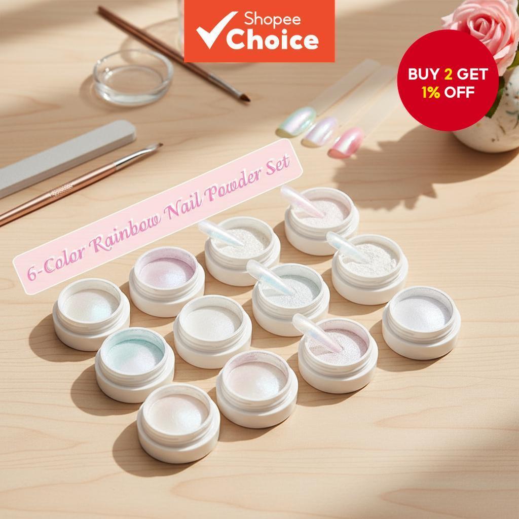 6 Color Rainbow Chrome Nail Powder Set - Multi Color Nail Glitter ...