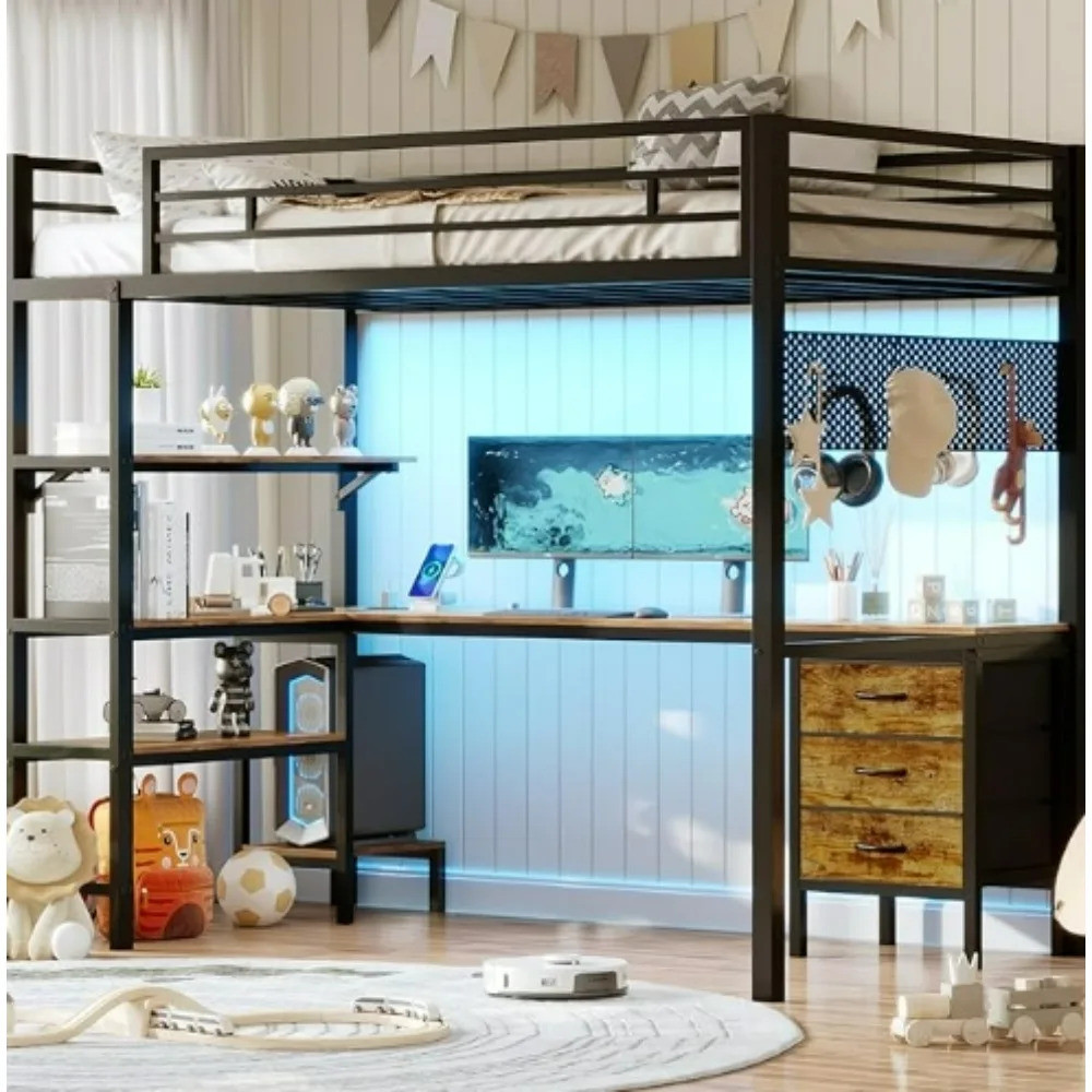 Loft Bed Twin Size With L-shape Desk & Rgb Led Lights & Charging ...