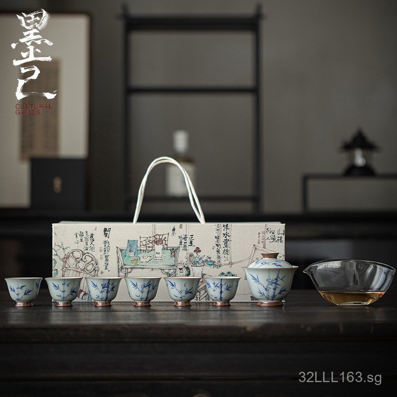 Moji Souvenir Tea Set Hand-painted Blue and White Bamboo Complete Tea ...